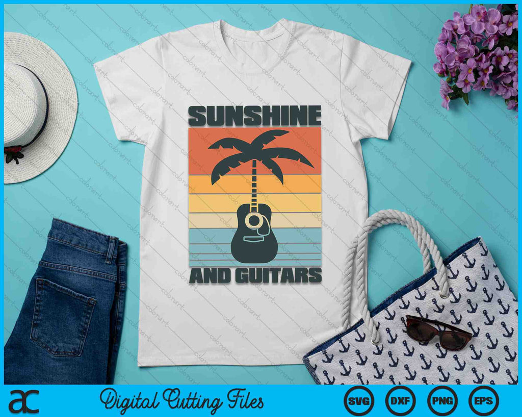 Sunshine And Guitars Retro Acoustic Guitar Palm Tree Summer SVG Files ...