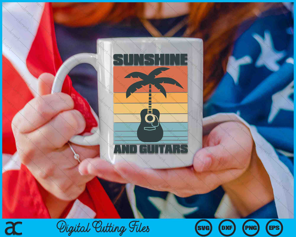 Sunshine And Guitars Retro Acoustic Guitar Palm Tree Summer SVG Files ...